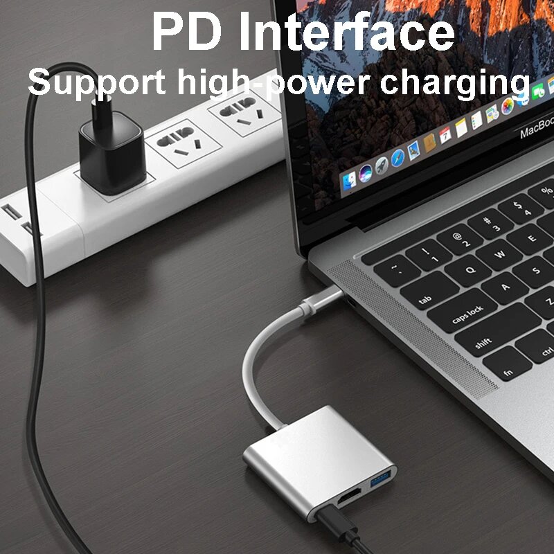 USB C концентратор 3 в 1 с HDMI и USB, серый — фото 1