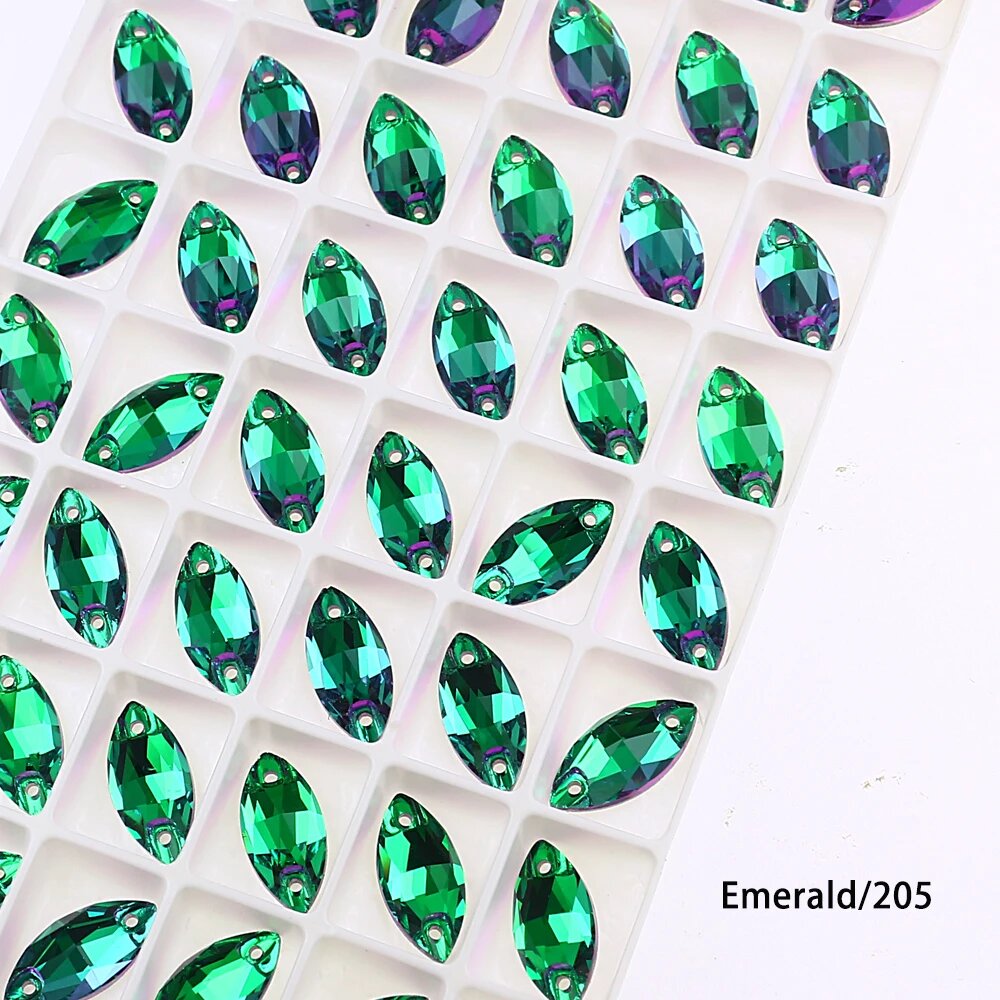 Стразы стеклянные изумрудные "Конский глаз" 15x7mm (30шт) Emerald 205