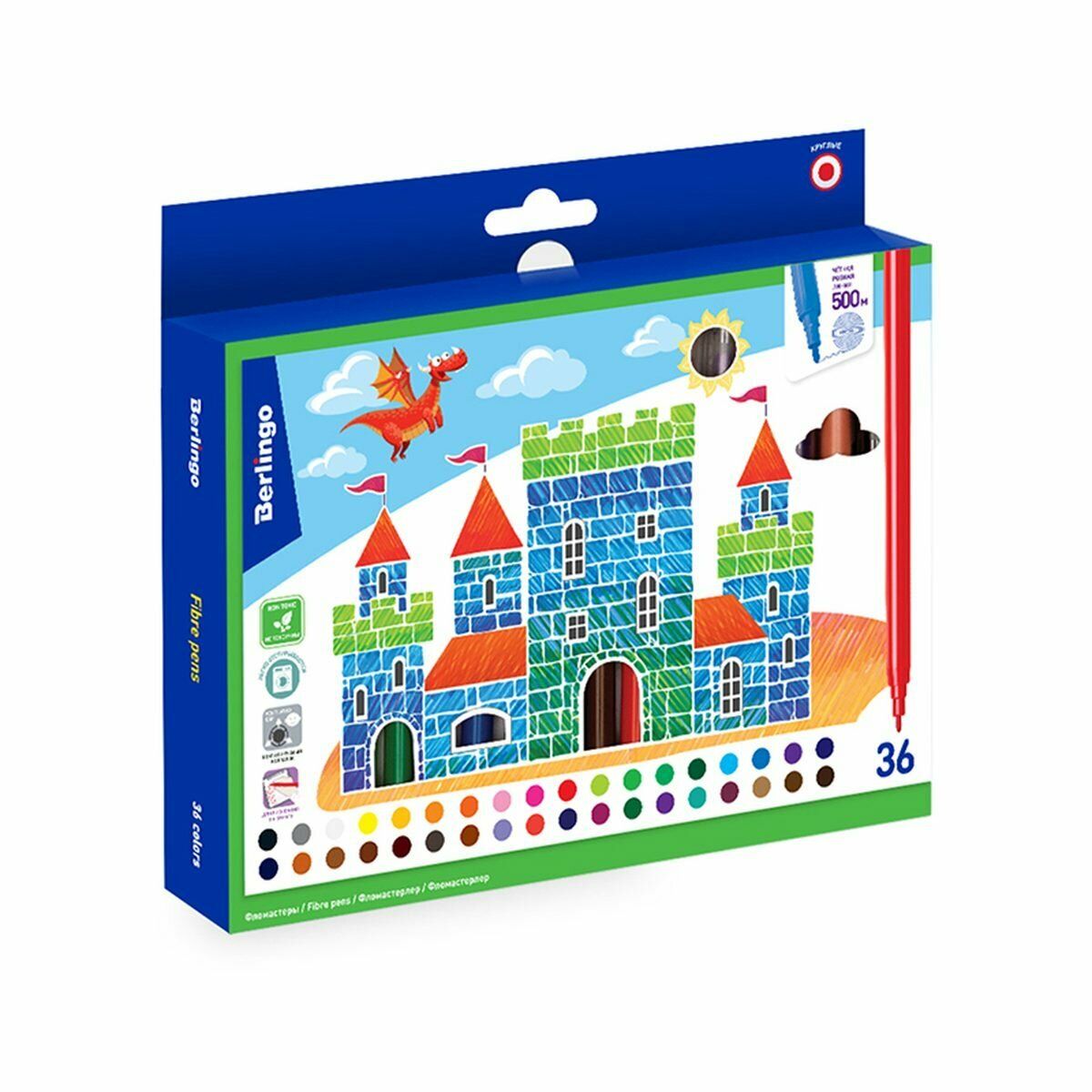 Набор фломастеров 36 цветов Berlingo "Замки" (линия 2мм, смываемые) картон. уп. (WP00236)