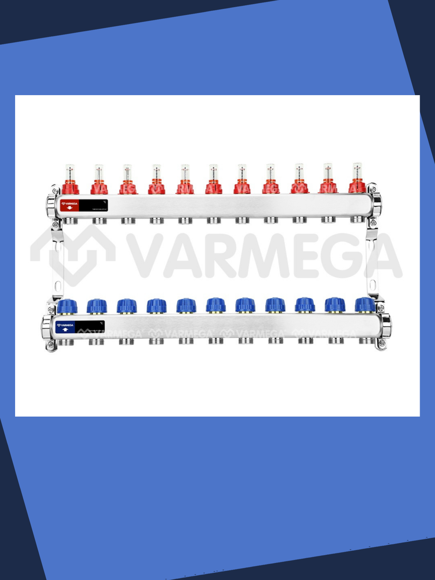 Распределительный коллектор (группа) с расходомерами Varmega VM15111 ВР 1", на 11 контуров 3/4" EK, нержавеющая сталь