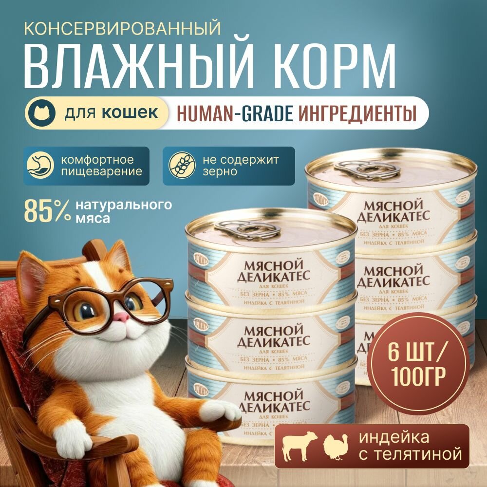 Yummy Мясной Деликатес Влажный корм для кошек Индейка/телятина, 100 г. * 6 шт.