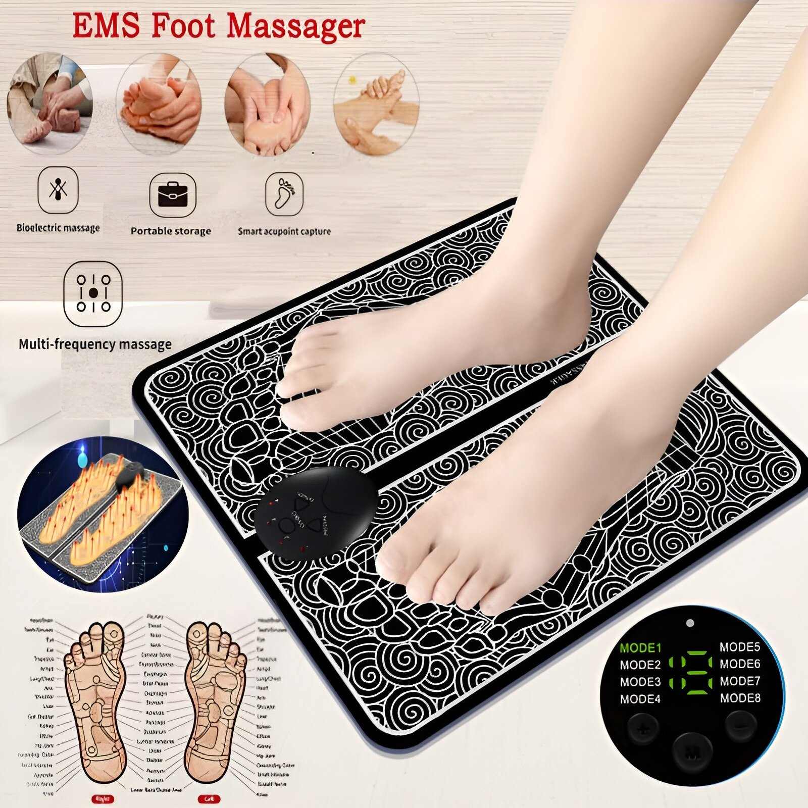 Массажер для ног Ems - Электрический массажер для ног - Массажер для ног с мышечной стимуляцией для всех - Складной портативный массажер для ног, Электрический вибратор для женщин и мужчин с зарядкой от USB