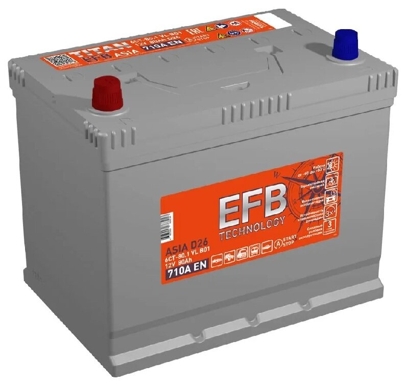 Аккумулятор автомобильный TITAN ASIA EFB 80 А/ч 710 А прям. пол. Азия авто (260x171x221) с бортиком