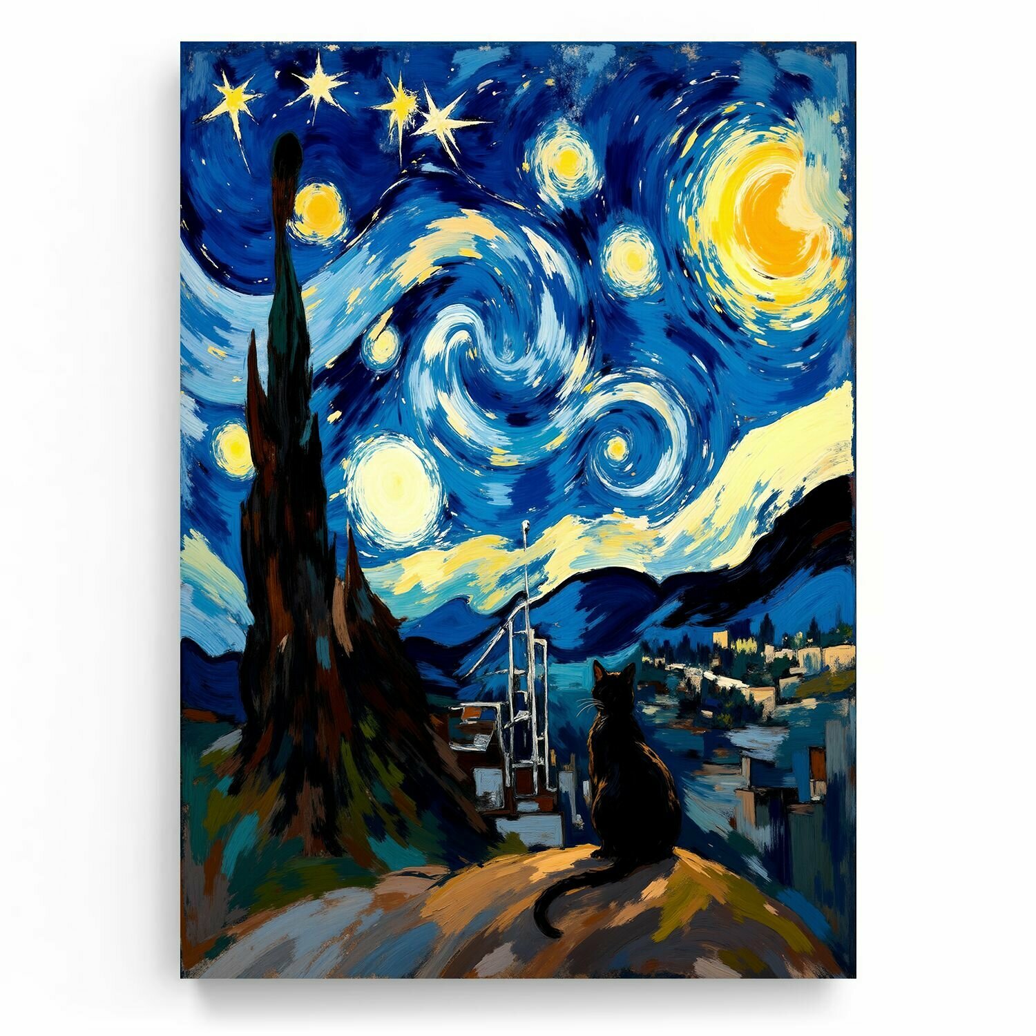 Картина с котом / милый котик в картине "Звездная ночь" Ван Гога, постер кот, 40х60 см.