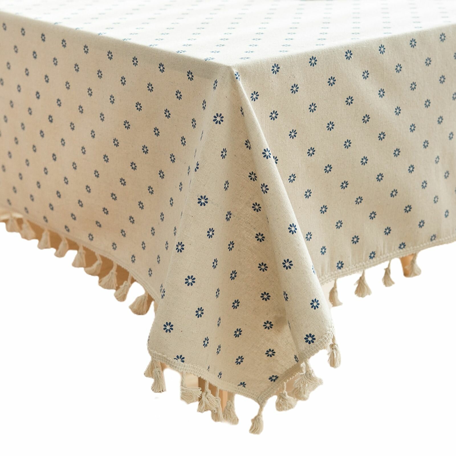 Скатерть, Деревенская скатерть из хлопка и льна с бахромой - голубые цветы, 1 шт.