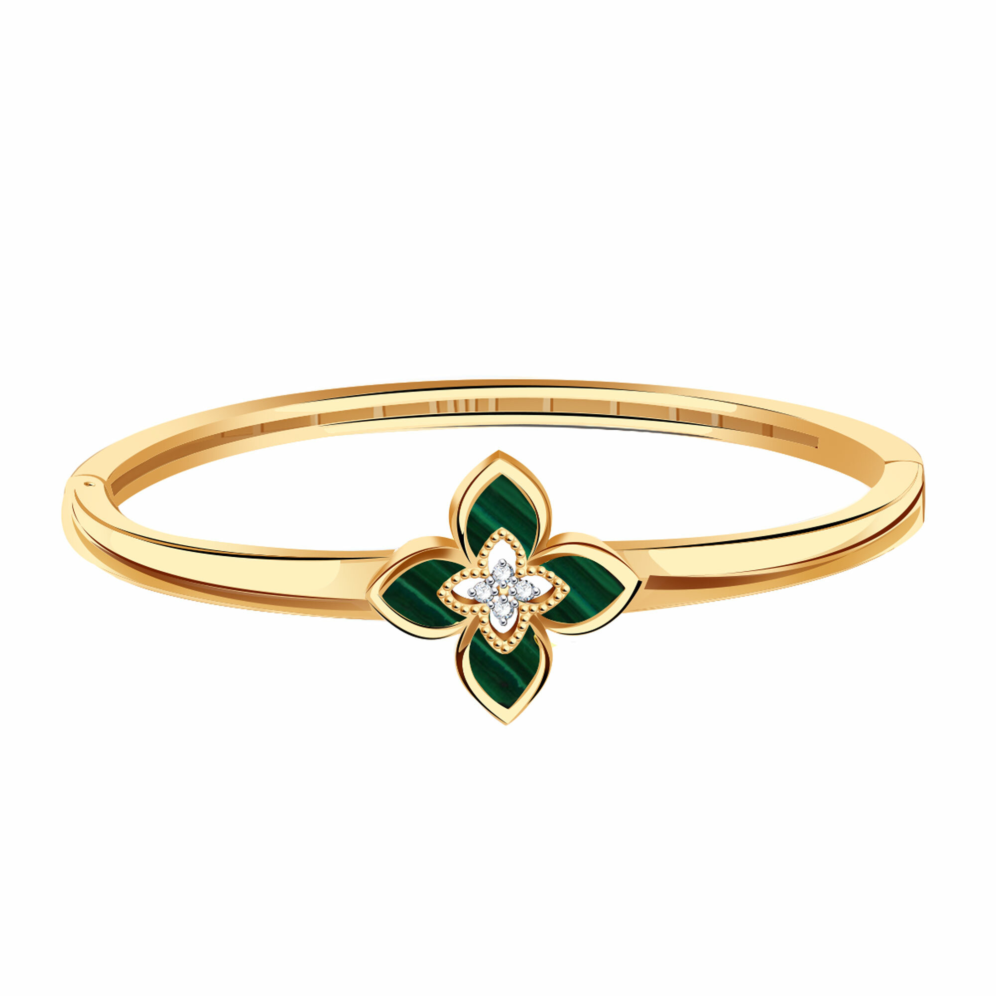 Жесткий браслет, красное золото, 585 проба, малахит, фианит