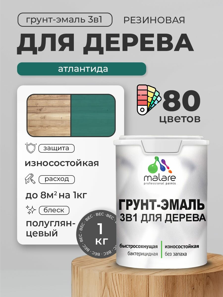 Резиновая Грунт-Эмаль 3 в 1 Malare для деревянных поверхностей/ краска по дереву с антисептическим эффектом/ быстросохнущая моющаяся без запаха полуглянцевая, атлантида, 1 кг