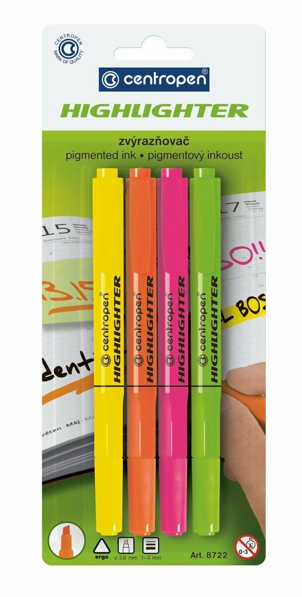 Centropen набор маркеров текстовыделителей 1-4 мм перо скошенное, 4 цвета 8722/4