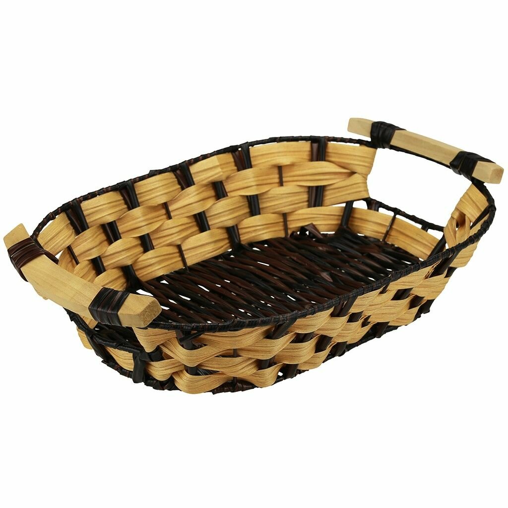 Корзина-сухарница КНР плетеная, 31х22 см, высота 6,5 см, полипропилен, бежевый, деревянные ручки, овальная