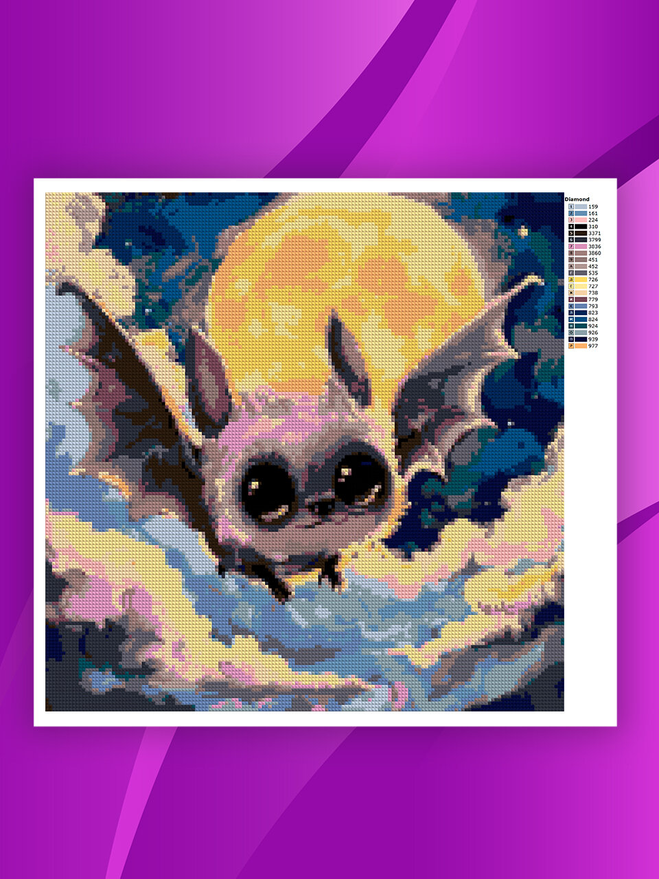 Алмазная мозаика без подрамника - вышивка Летучая мышка в ночи 40 х 40 см