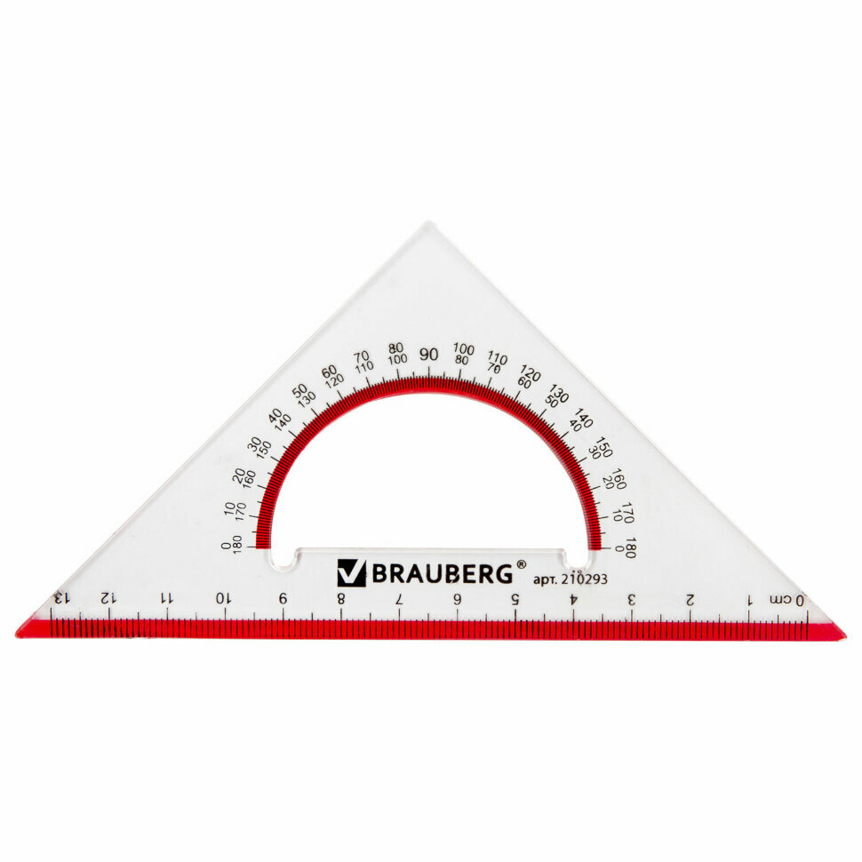 Треугольник пластиковый, угол 45, 13 см, BRAUBERG "Crystal", с транспортиром, прозрачный, с выделенной шкалой, 210293, 210293
