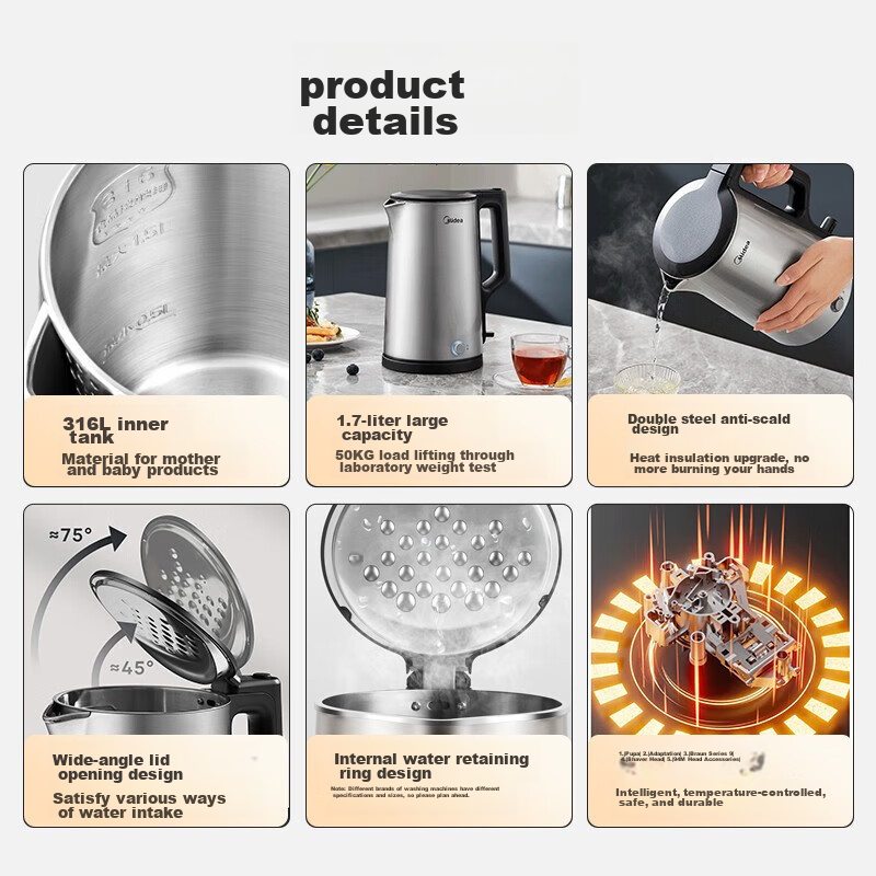 Midea Electric Kettle, Household Water Boiler, Constant Temperature Kettle, One-Button Temperature Maintenance, 1.7L Large Capacity, Smart Water Boiler, 316L Stainless Steel, [National Subsidy] PJ17A06