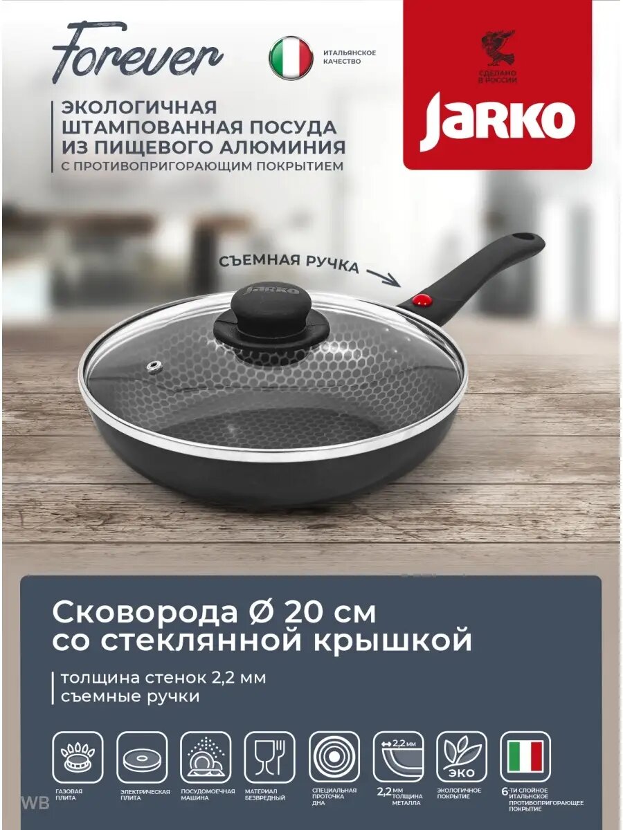 Сковорода 20см съемная ручка, крышка