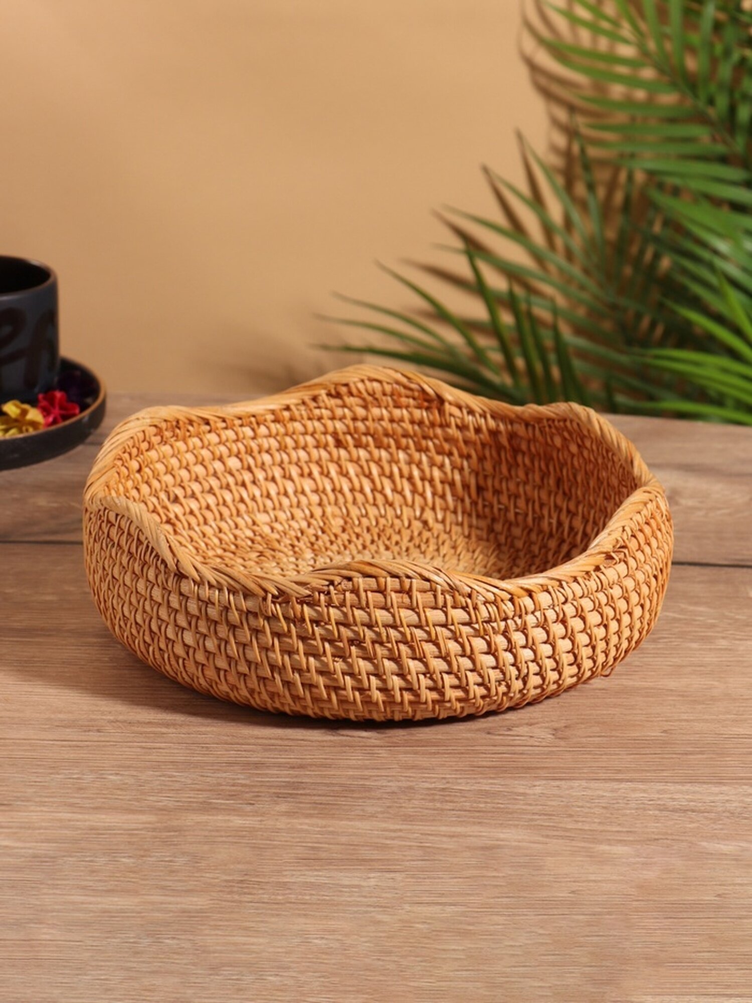 Корзина для фруктов Сима-ленд, плетеная, ротанг, круглая, бежевая, 25x25x8 см