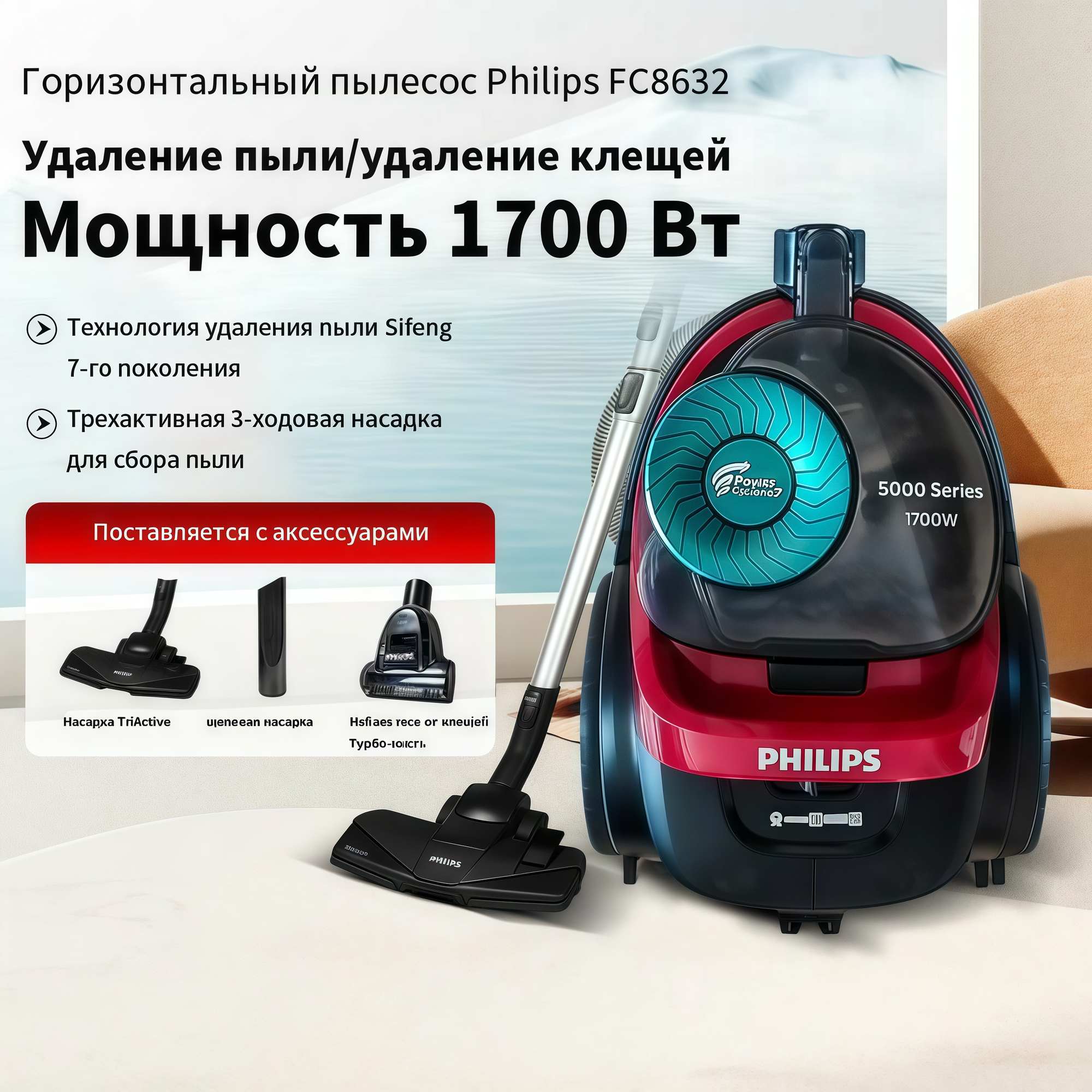 Моющий пылесос для дома Philips FC8632, для сухой и влажной уборки, Функция автоматического втягивания одним касанием