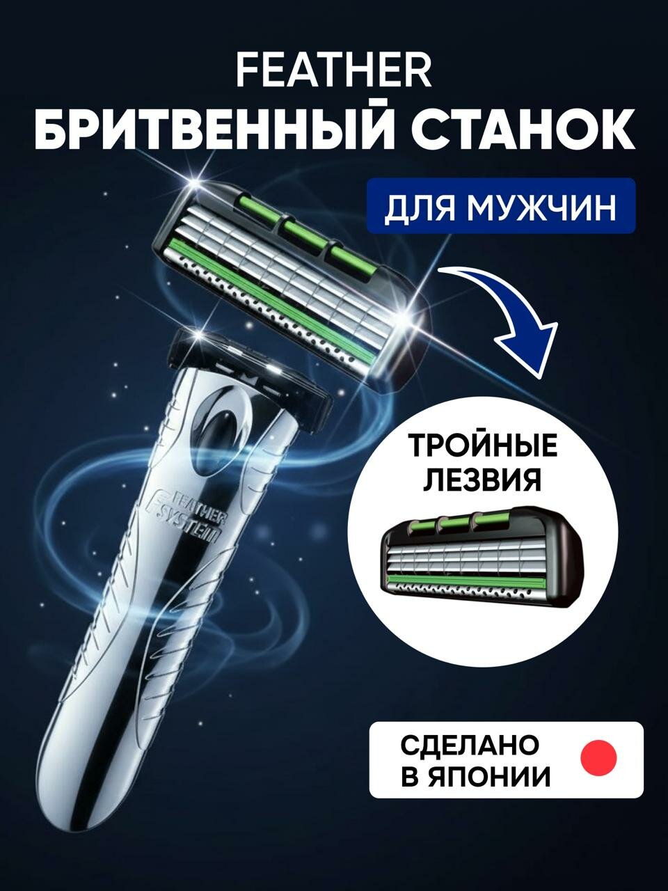 Бритва для мужчин Feather, станок с тройным лезвием 1 кассета Япония, "F-System MR3 Neo" с хромированной ручкой
