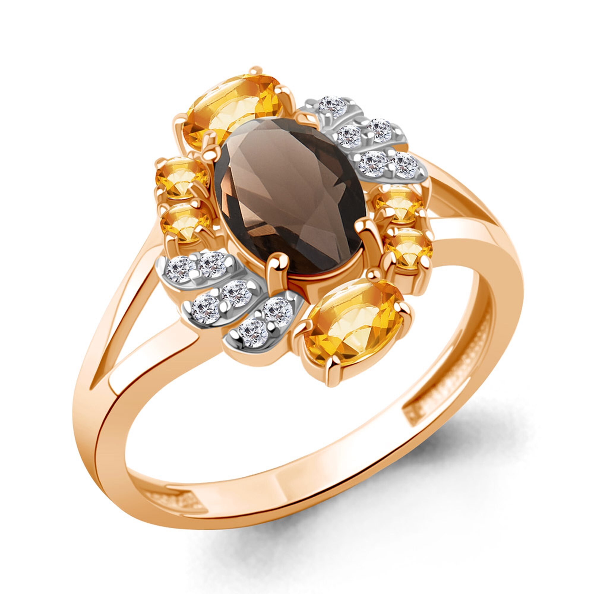 Кольцо, серебро, 925 проба, золочение, кварц, цитрин, фианит