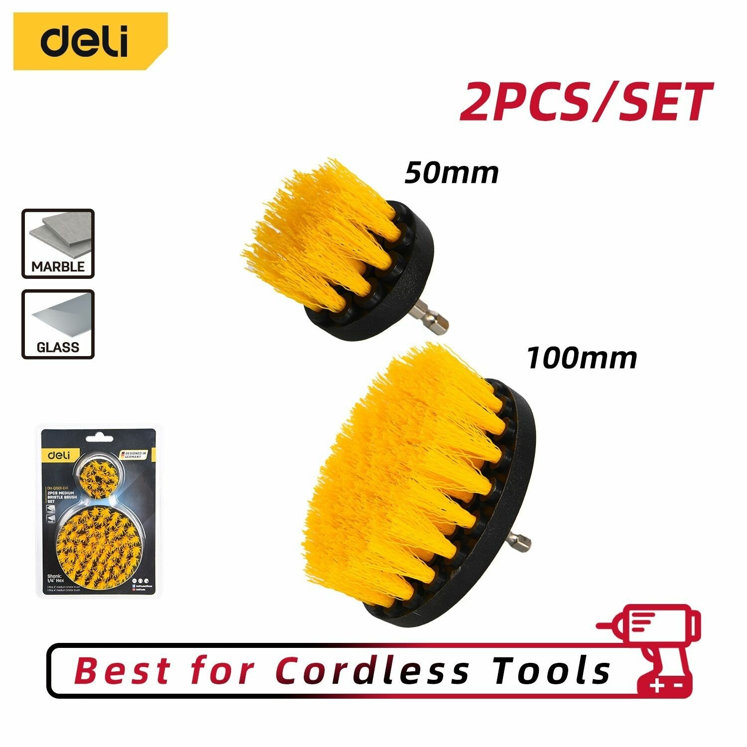Набор насадок-щеток из нейлоновой проволоки 50/100мм для дрели 2шт Deli DH-QJS01-EH1 (1/4 Hex)