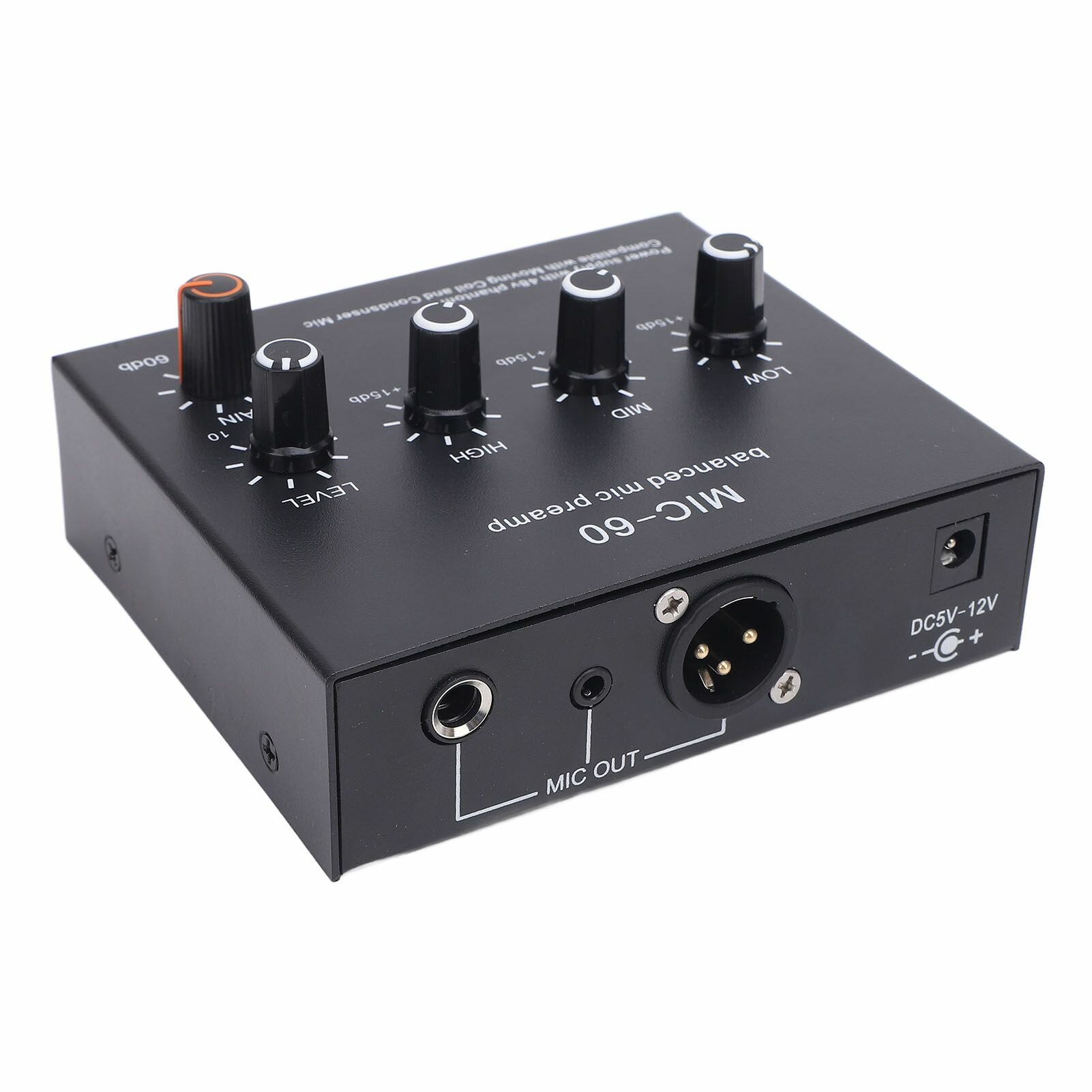 Микрофонный преамплификатор Balanced с 48V питанием, XLR выходом, поддержкой динамических и конденсаторных микрофонов, входами 3.5mm, 6.35mm, XLR, усилением 10-60dB, материалом алюминиевый сплав