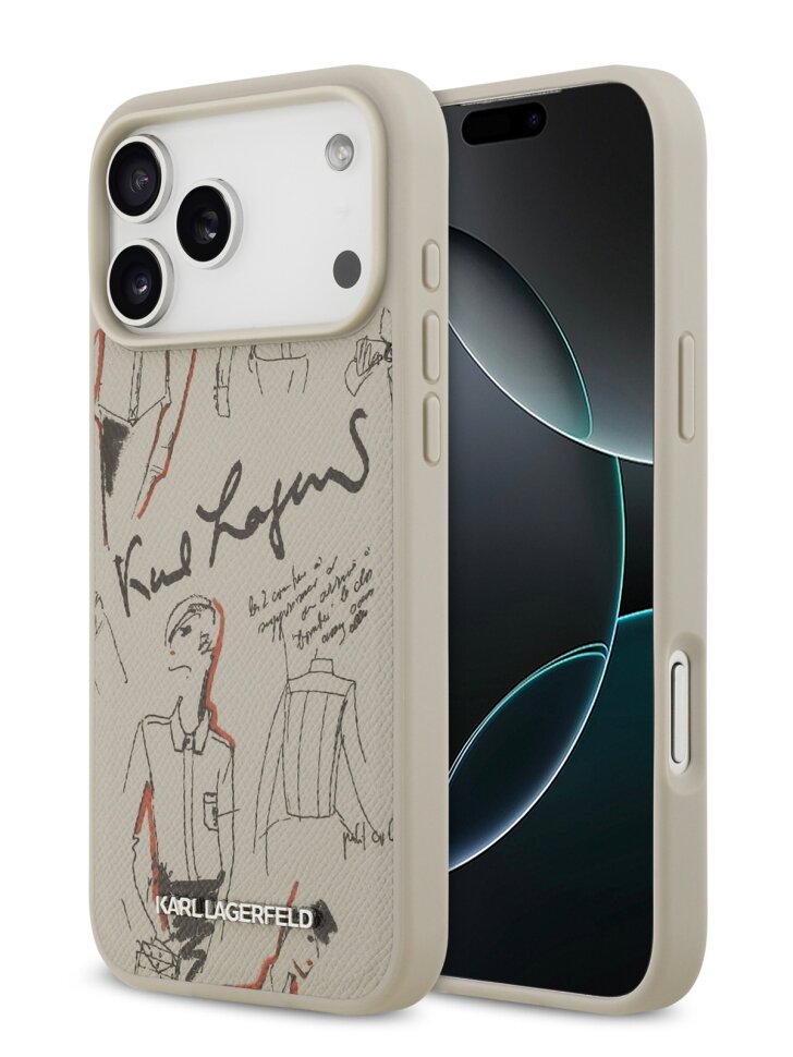 Karl Lagerfeld чехол с MagSafe для iPhone 17 Pro Max, из зернистой экокожи с принтом Sketch, серый