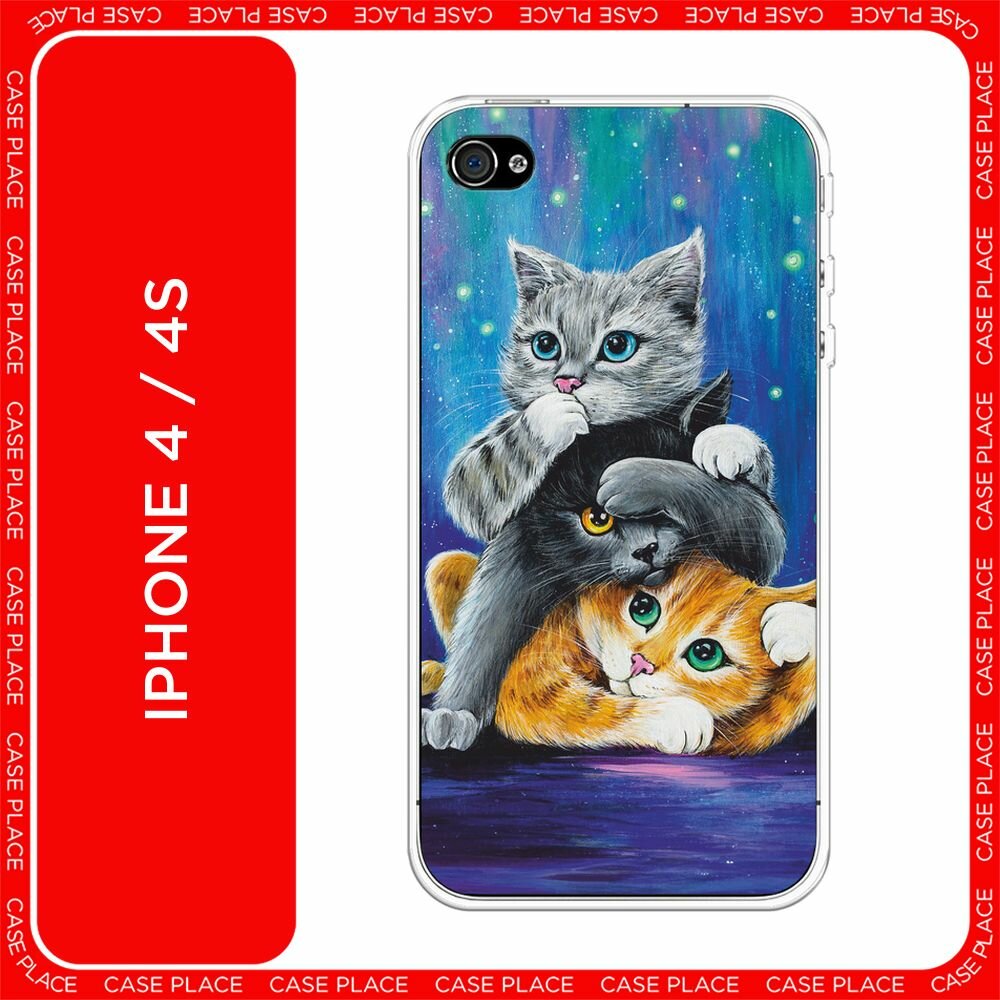 Чехол на Apple iPhone 4/4S / Айфон 4/4S с принтом "Три кота рисунок"