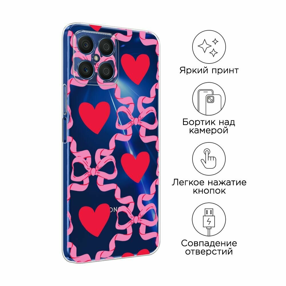 Чехол на Honor X8 / Хуавей X8 с принтом "Hearts and ribbons 2 - 14 февраля", прозрачный — фото 1