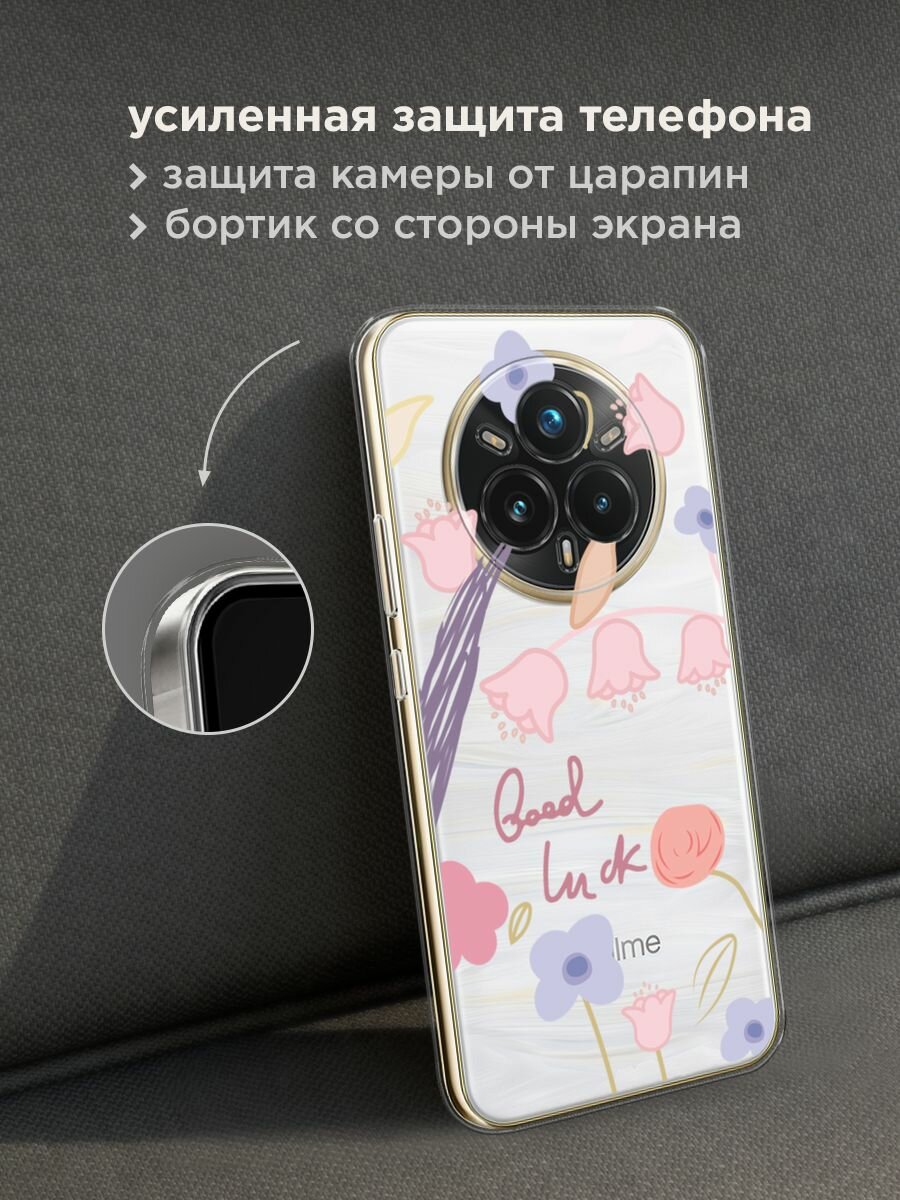 Чехол на Realme 14 Pro+ / Реалми 14 Про+ с принтом "Lucky flowers", прозрачный — фото 1