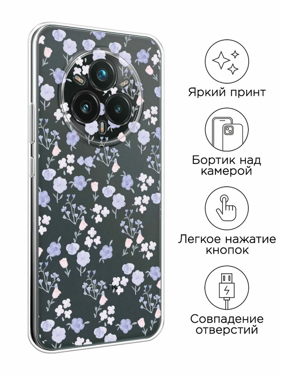 Чехол на Realme 14 Pro / Реалми 14 Про с принтом "Сиреневые розы паттерн", прозрачный — фото 1