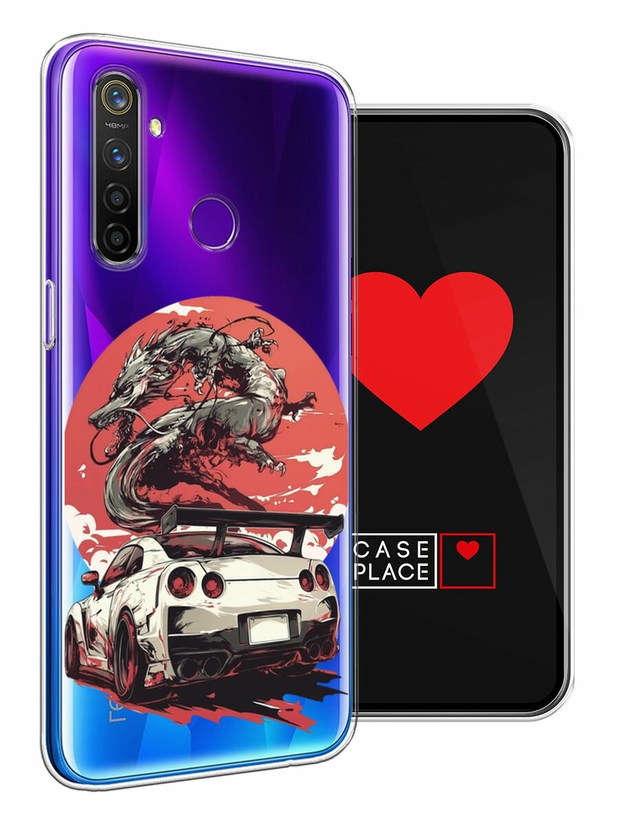 Чехол на Realme 5 Pro / Реалми 5 Про с принтом "Car and dragon", прозрачный — фото 1