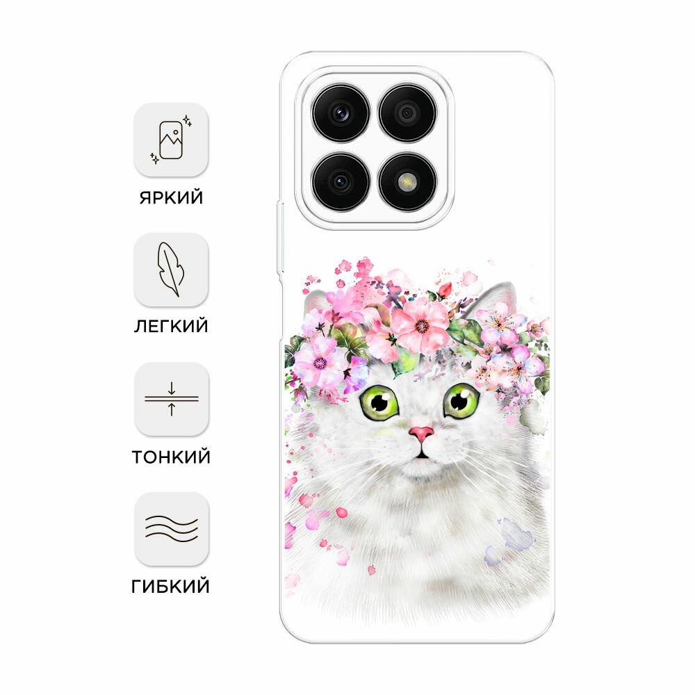 Чехол на Honor X8A / Хонор X8A с принтом Белая кошка с цветами — фото 1