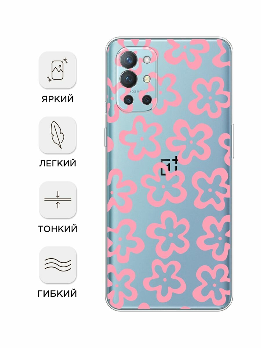 Чехол на OnePlus 9R / ВанПлас 9R с принтом "Простые розовые цветочки", прозрачный — фото 1