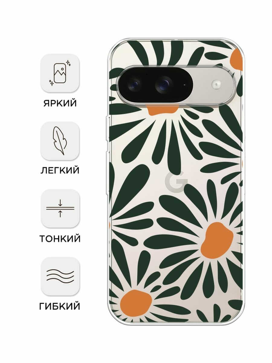 Чехол на Google Pixel 9 / Гугл Пиксель 9 с принтом "Летние цветы рисунок", прозрачный — фото 1