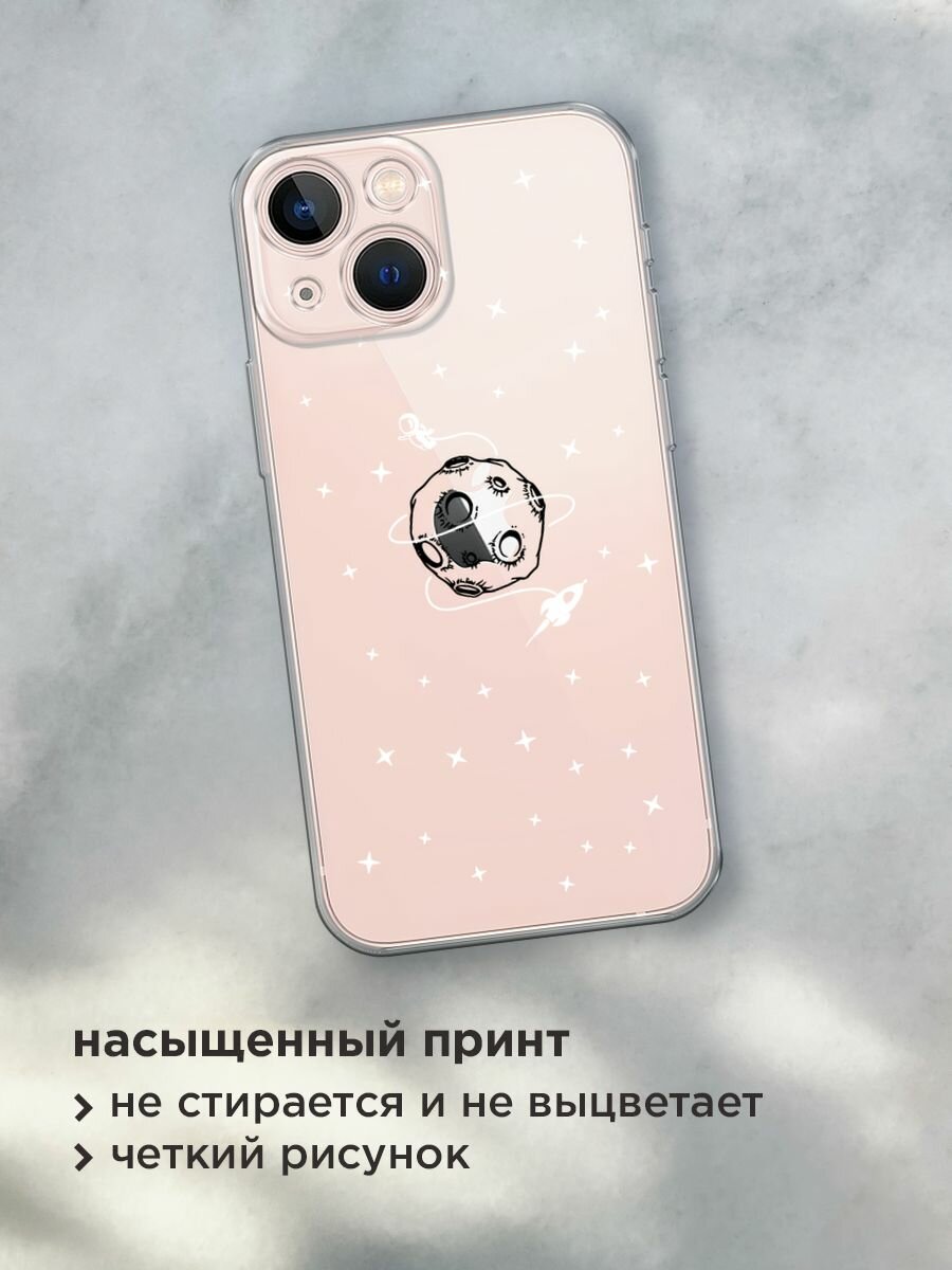 Чехол на Apple iPhone 13 mini / Айфон 13 мини с принтом "Полет вокруг луны", прозрачный — фото 1