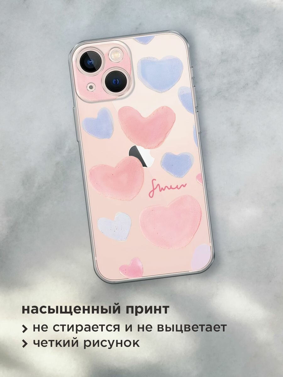 Чехол на Apple iPhone 13 mini / Айфон 13 мини с принтом "Пастельные сердечки", прозрачный — фото 1