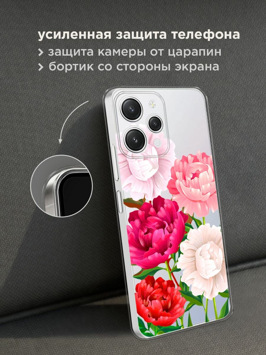 Чехол на Xiaomi Redmi 12 / Сяоми Редми 12 с принтом "Большие пионы", прозрачный — фото 1