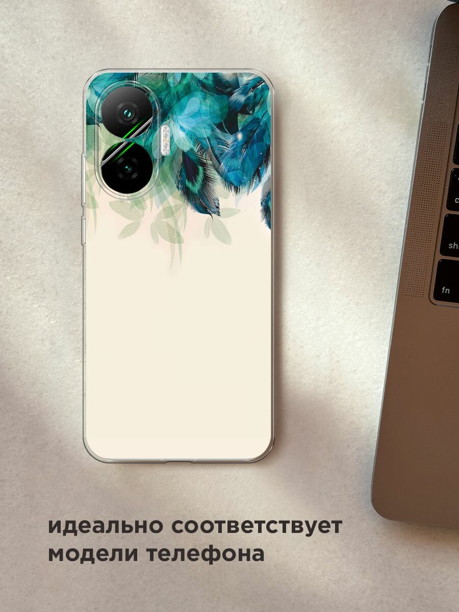 Силиконовый чехол на Poco F7 / Поко F7 с принтом Перья голубого цвета — фото 1