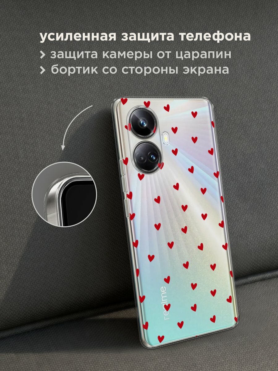 Чехол на Realme 10 Pro+ / Реалми 10 Про+ с принтом "Red hearts", прозрачный — фото 1
