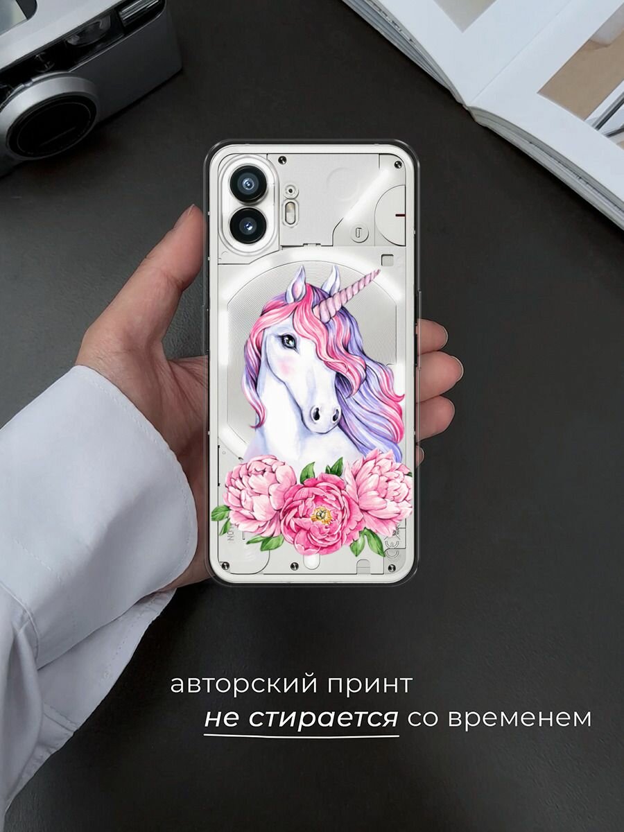 Чехол на Nothing Phone 2 / Нафинг Фон 2 с принтом "Единорог с пионами", прозрачный — фото 1