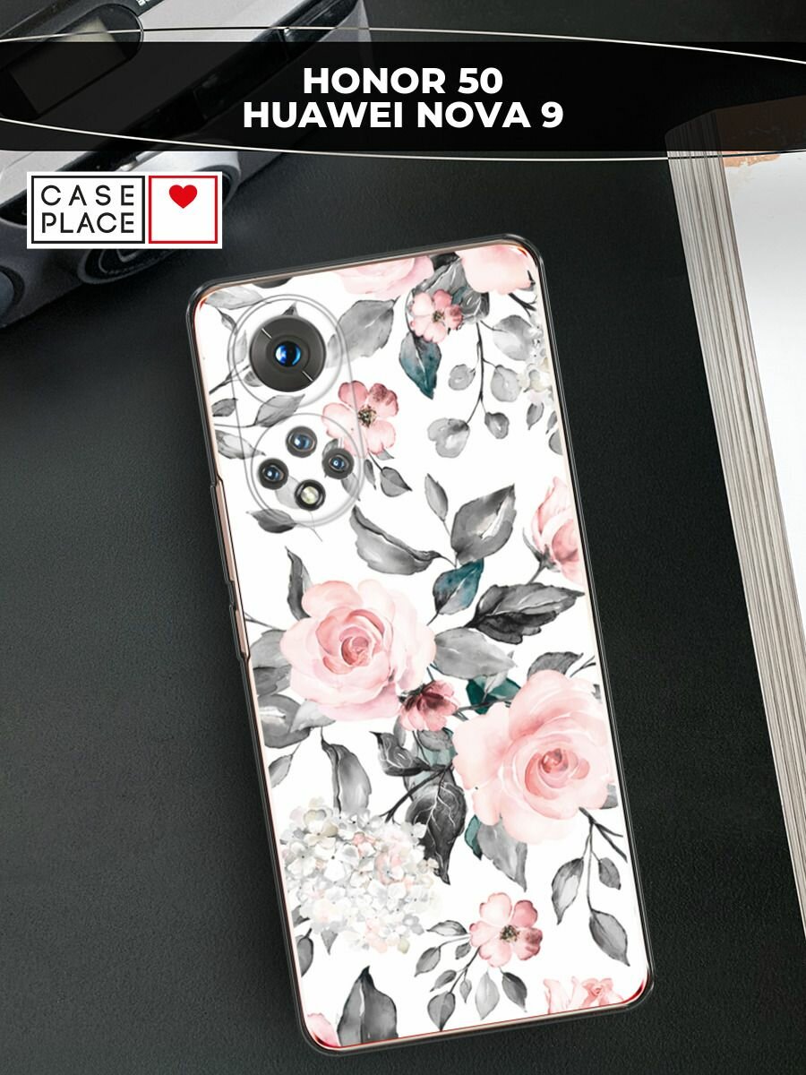 Чехол на Honor 50/Huawei Nova 9 / Хонор 50/Хуавей Нова 9 с принтом "Розы на белом"