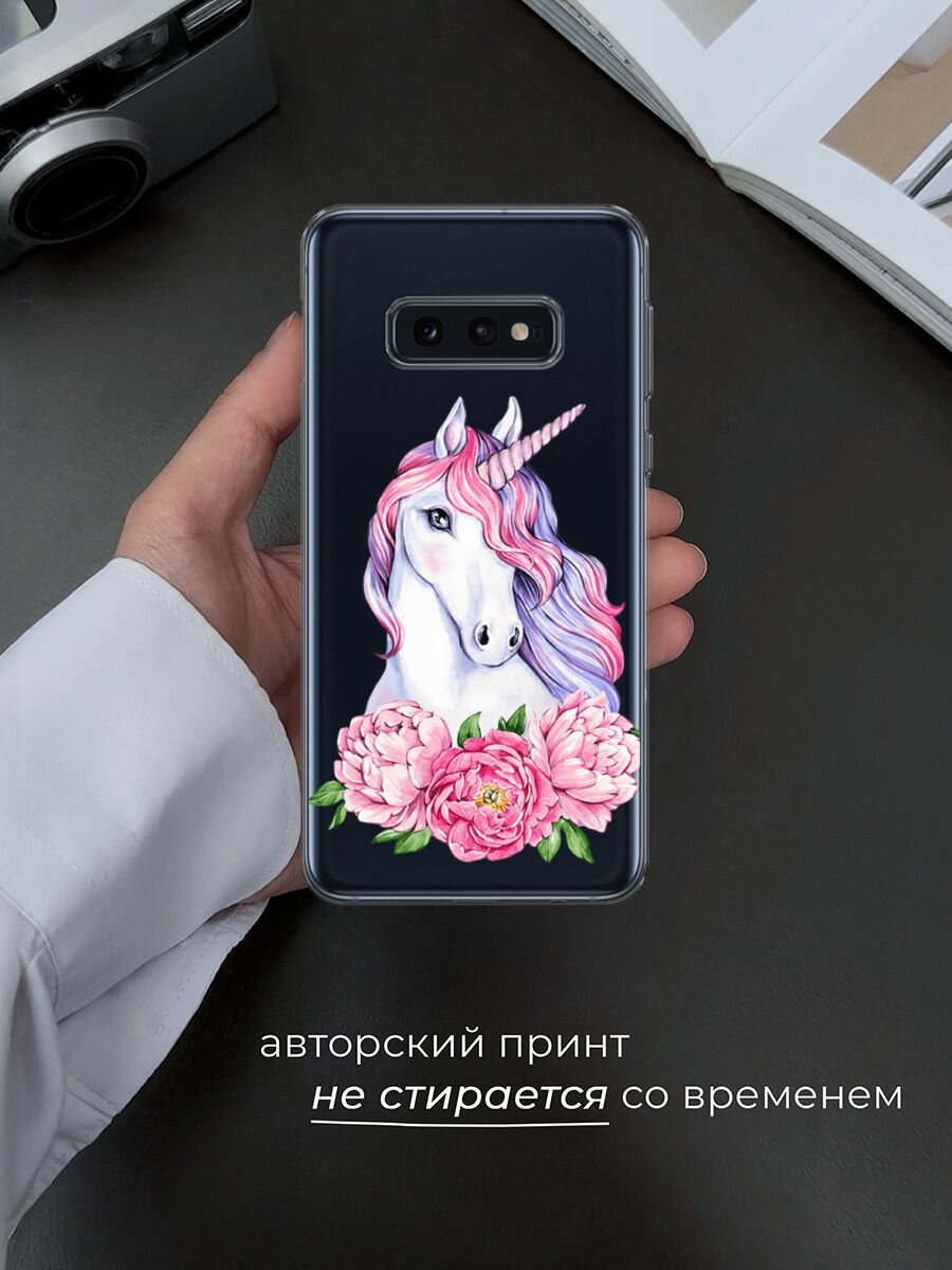 Чехол на Samsung Galaxy S10E / Самсунг Галакси S10E с принтом "Единорог с пионами", прозрачный — фото 1