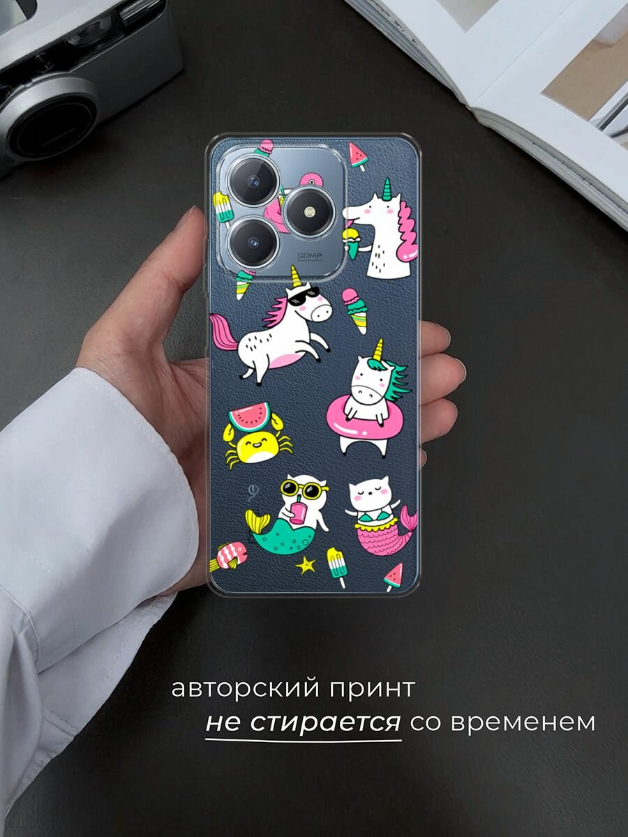 Чехол на Realme C63 / Реалми С63 с принтом "Единороги в отпуске", прозрачный — фото 1