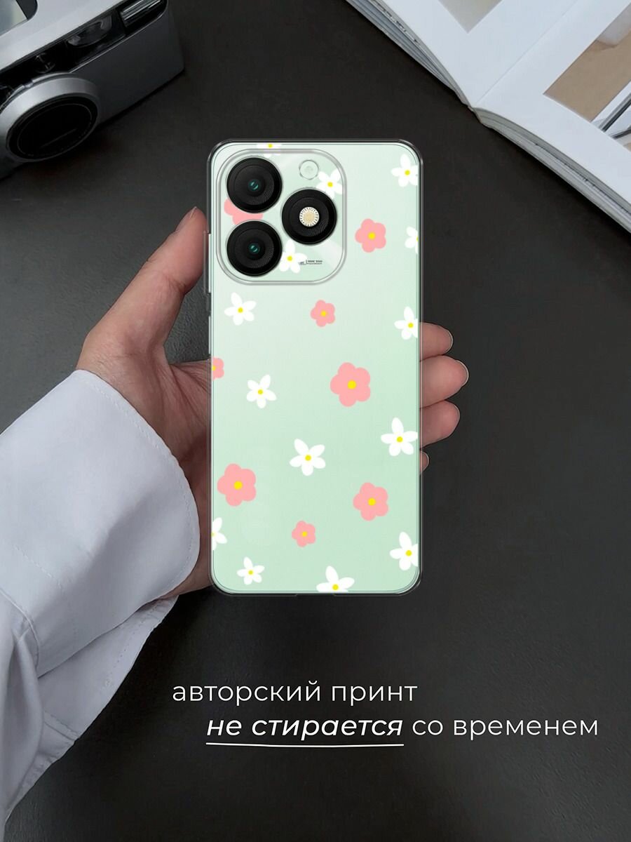 Чехол на Itel A50 / Ител А50 с принтом "Розовые и белые цветы", прозрачный — фото 1