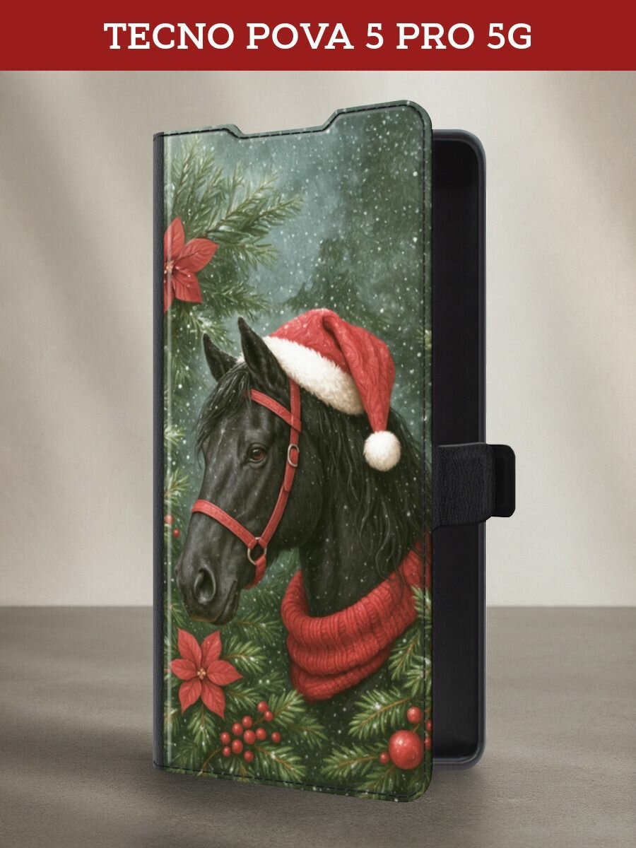 Чехол-книжка на Tecno Pova 5 Pro 5G / Текно Пова 5 Про 5G с рисунком "Черный сказочный конь"