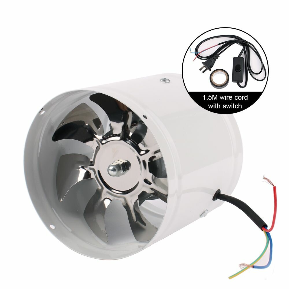 8-дюймовый вытяжной вентилятор, круглая форма, 7 лопастей из нержавеющей стали, вентиляция 1300 м3/ч, вытяжка для ванной комнаты и кухни, белый