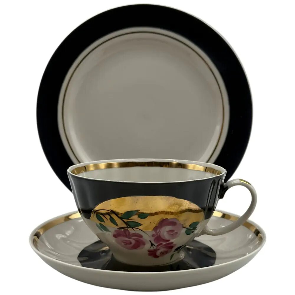 Чайное трио "Розы", 250 мл, фарфор, позолота, роспись, 1993 г, 1 сорт, Дулево, Россия