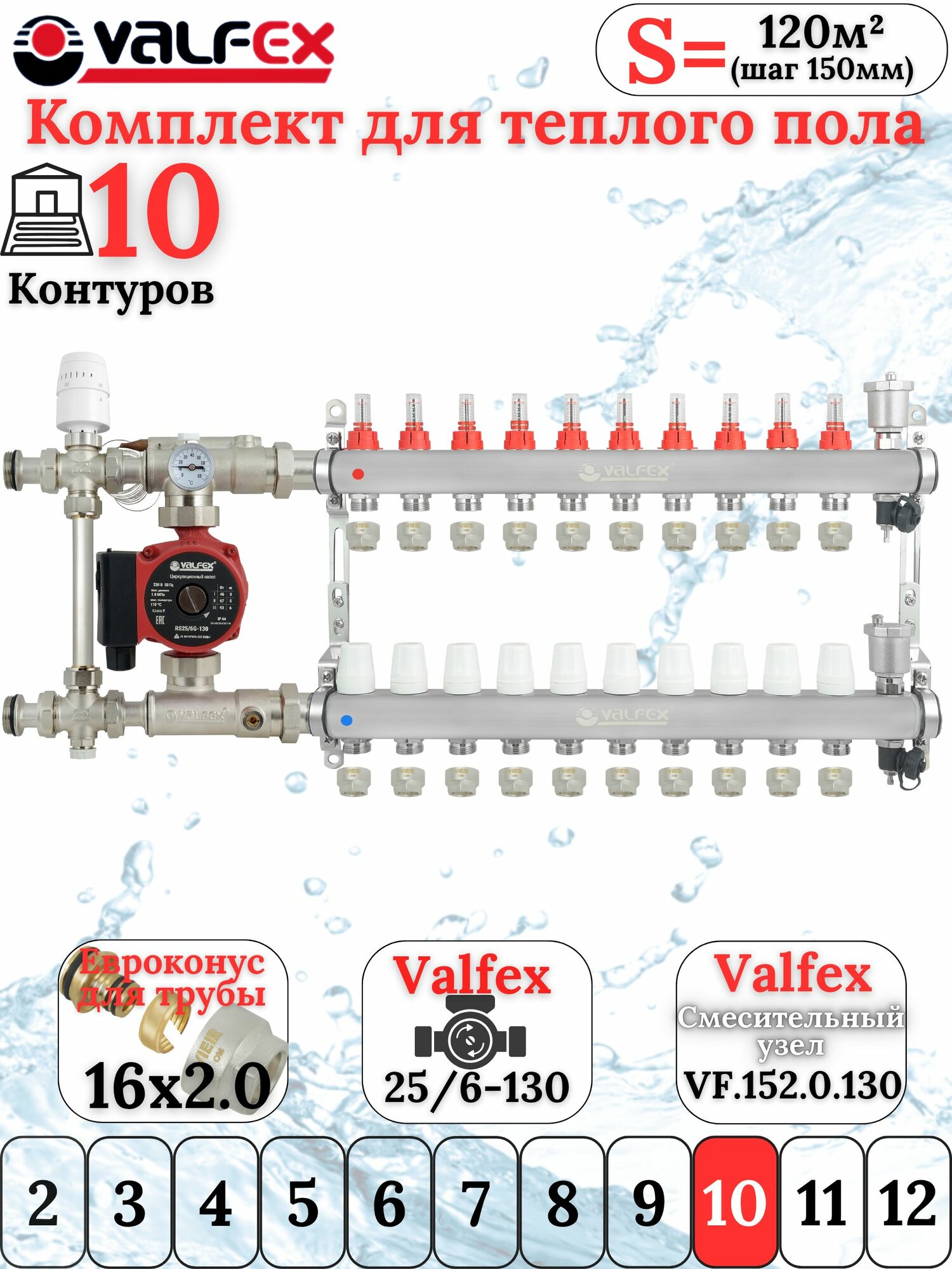Комплект тёплого пола на 10 контуров VALFEX (Коллектор на 10 выходов+Насос+НСУ c байпасом+Евроконусы 16х2,0)