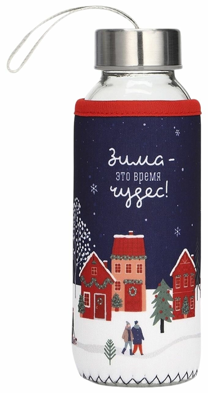 Бутылка для воды новогодняя "Зима - время чудес" в чехле с крышкой и подвесом, стеклянная многоразовая бутылочка для напитков, 350 мл.