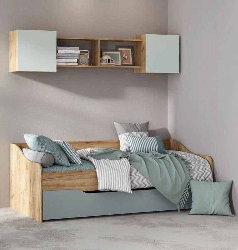 Челси Color Кровать выдвижная (Дуб крафт/Сумеречный голубой)