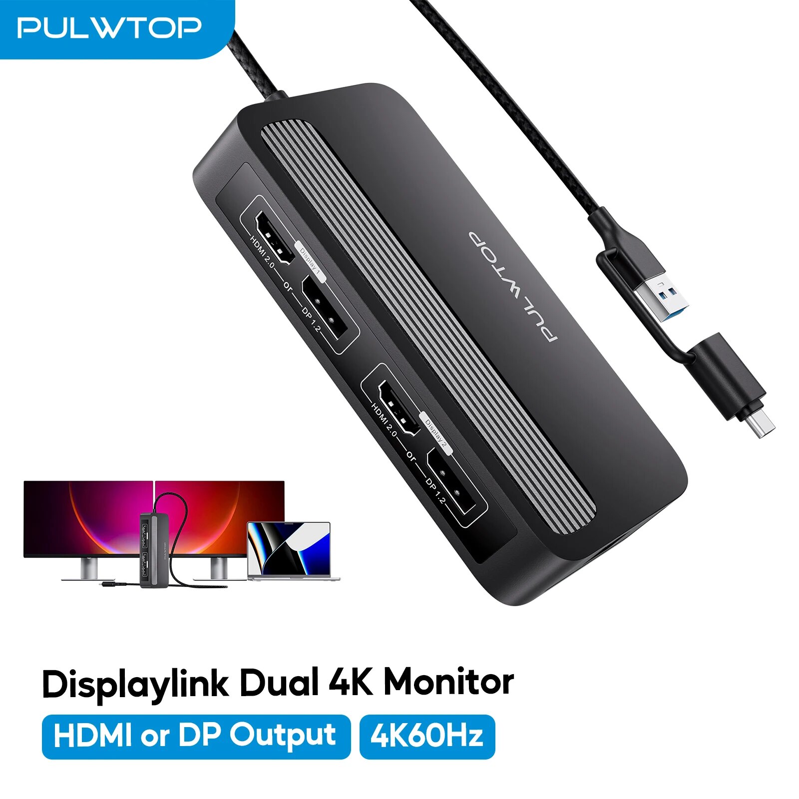 Док-станция PULWTOP Dual DisplayLink с DisplayPort или HDMI, 2 USB A 2.0, Ethernet для MacBook M1/M2/M3/M4/M5/Windows