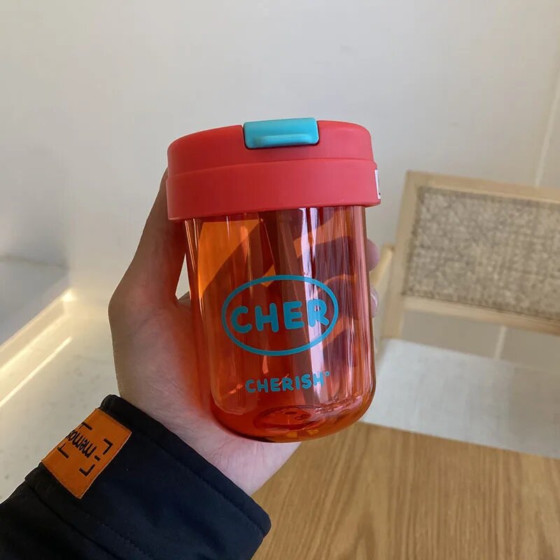 Пластиковая бутылка для воды с соломинкой 300 мл Оранжевый, Красный